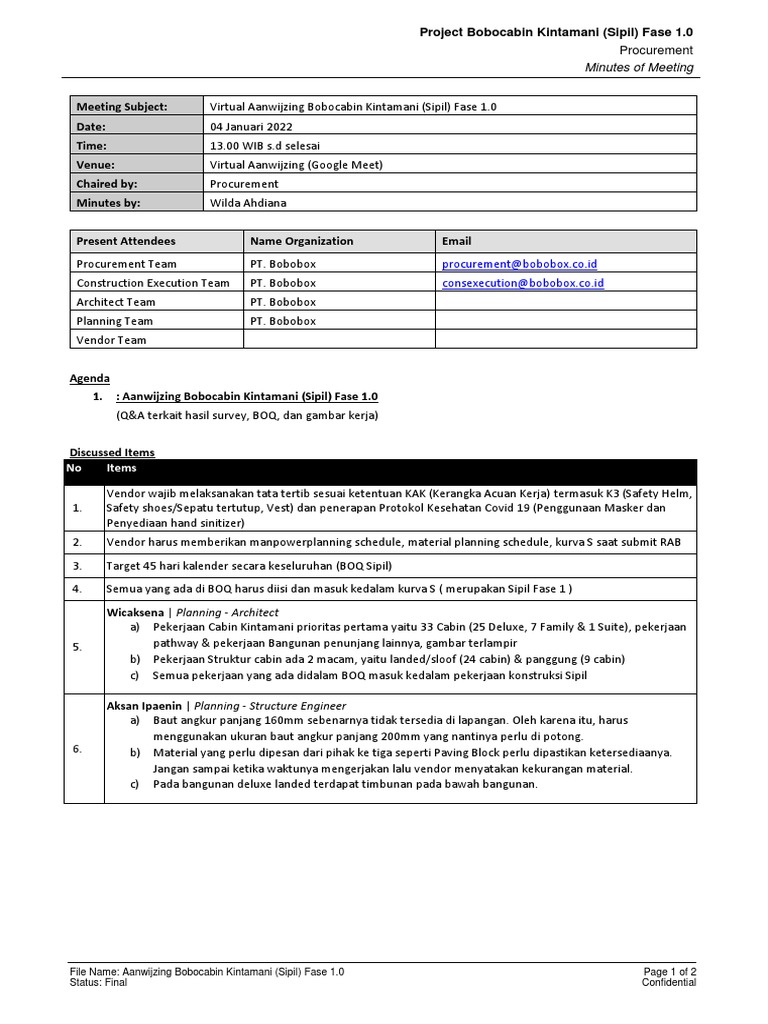 MOM - Aanwijzing Tender Kintamani Fase 1 - 2 | PDF