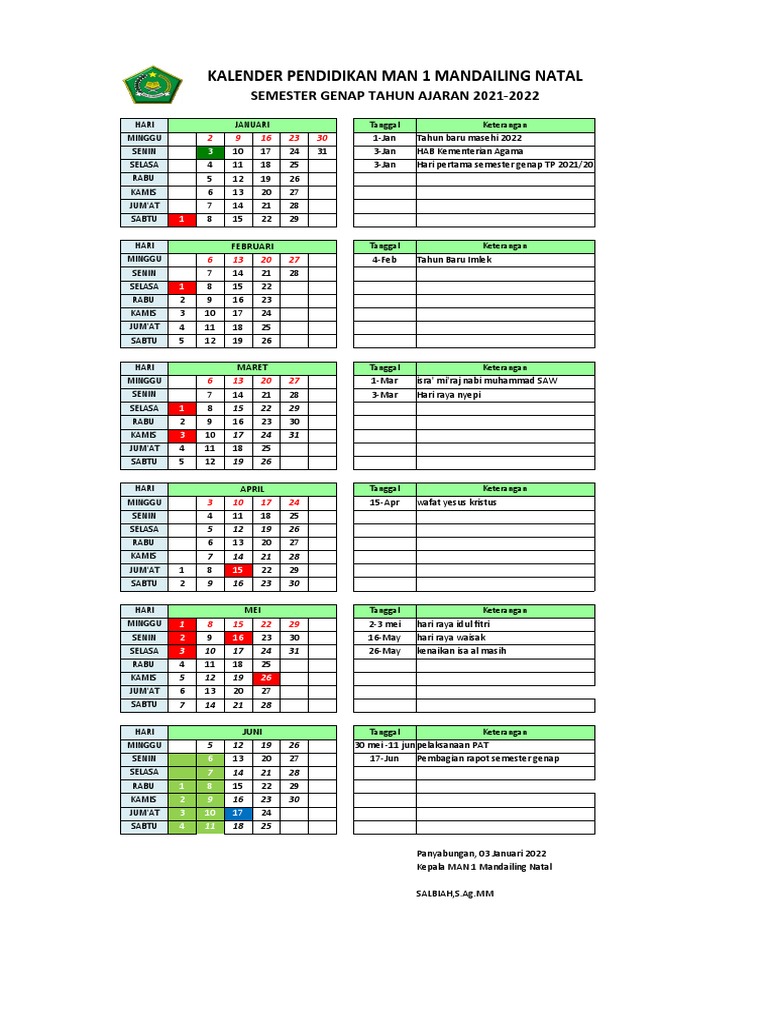 Kalender Pendidikan MAN 1 Mandailing Natal | PDF