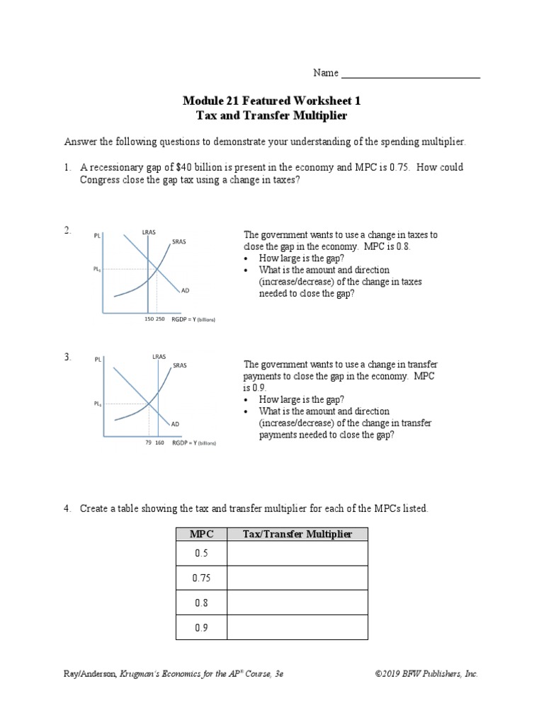 Module 21 Featured Worksheet 1 Tax and Transfer Multiplier | PDF