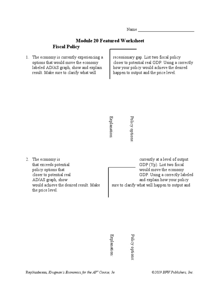 Module 20 Featured Worksheet Fiscal Policy: Ray/Anderson, Krugman's ...