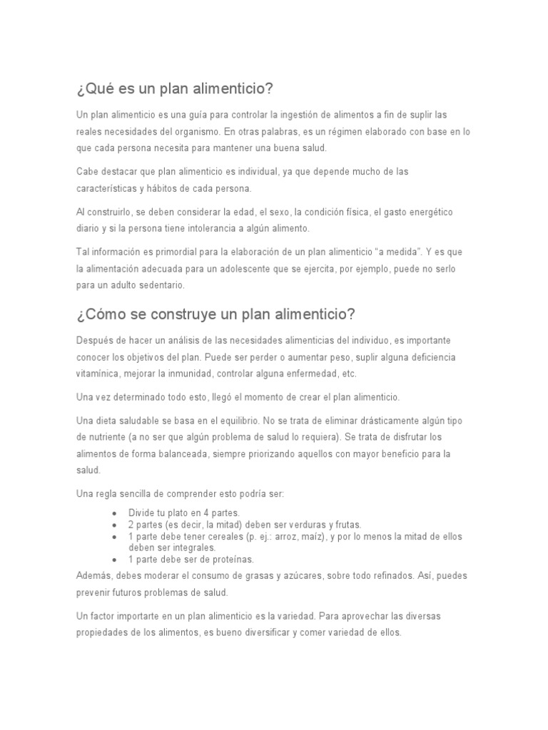 Qué Es Un Plan Alimenticio | Descargar gratis PDF | Alimentos | Nutrición