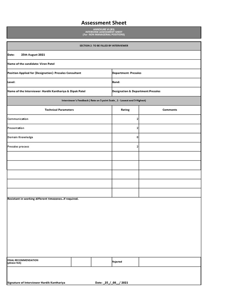 Assessment Sheet Viren Patel | PDF