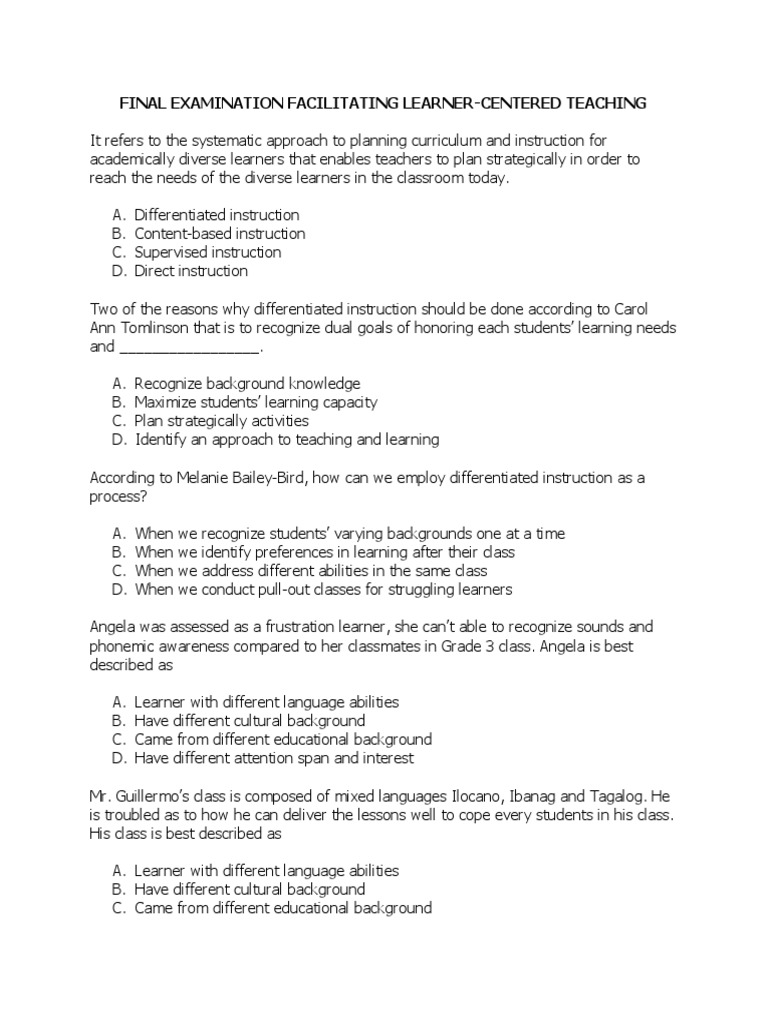 Final Exam Facilitating Learner-Centered Teaching Ron | PDF