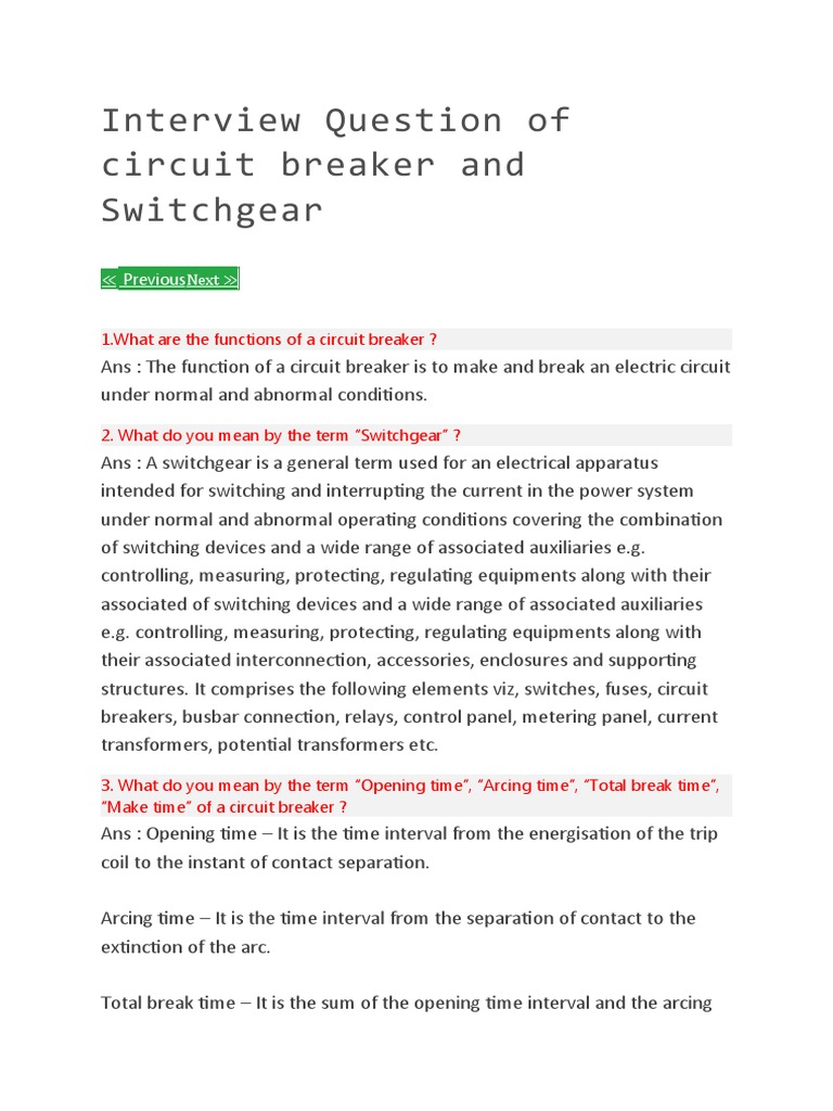 Interview Question of Circuit Breaker and Switchgear: Previous Next ...