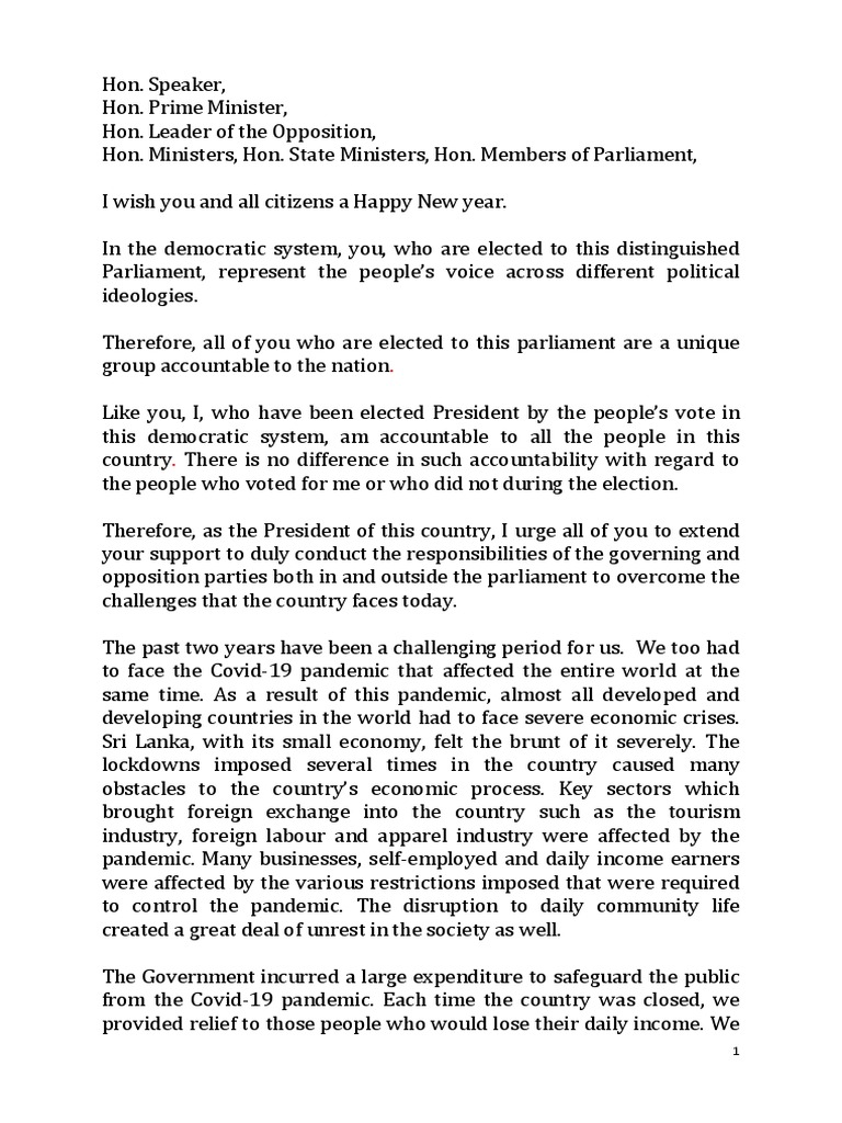 Government Policy Statement by President Gotabaya Rajapaksa 2022-01-18 ...