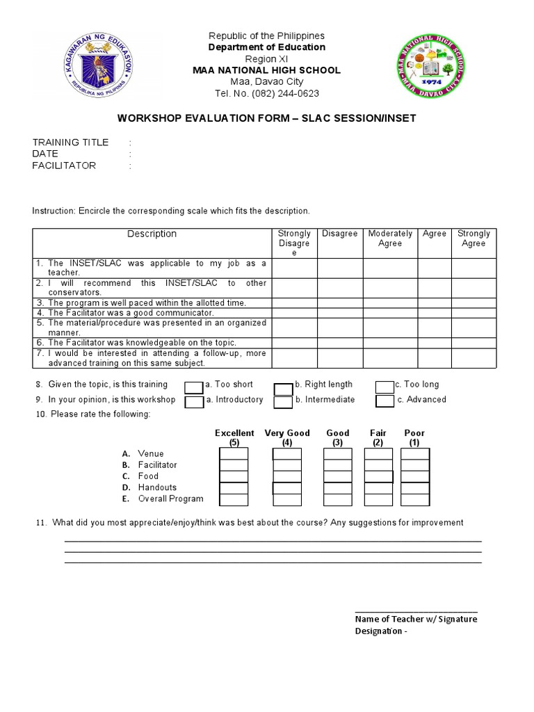 Workshop Evaluation Form - Slac Session/Inset | PDF | Learning | Teaching