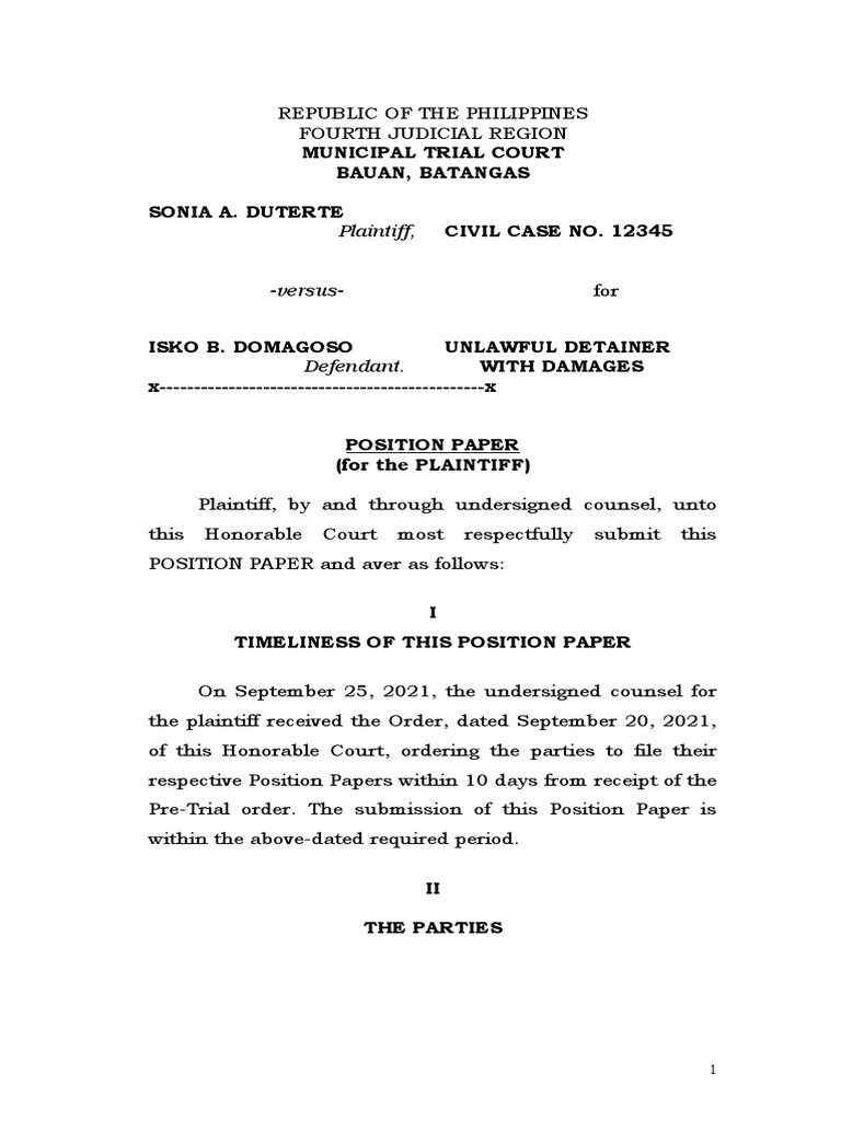 Position Paper - Unlawful Detainer | PDF | Lease | Eviction