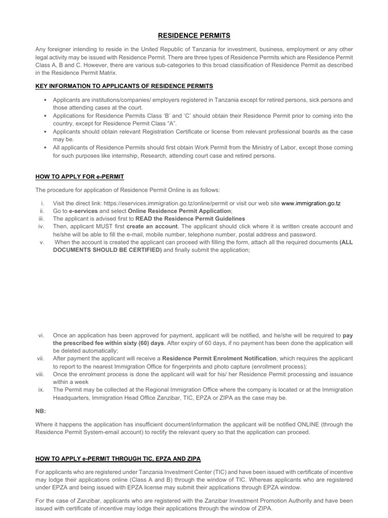 Tanzania Residence Permits Guide | PDF | Employment | Passport