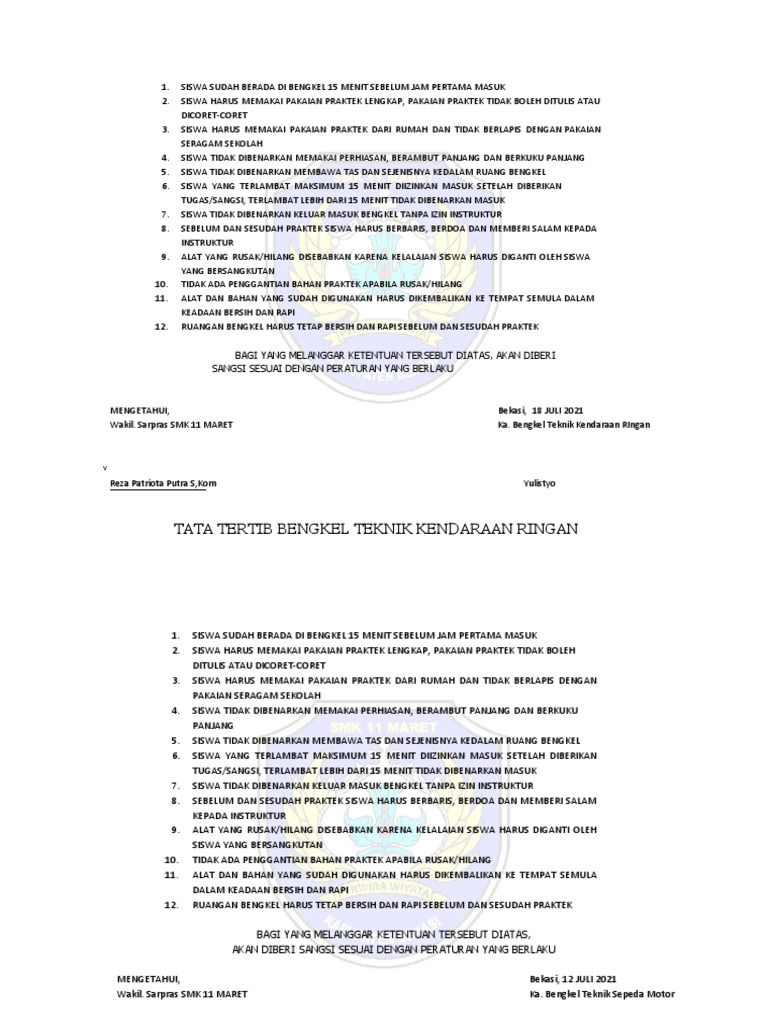 Tata Tertib Bengkel dan Lab Praktik | PDF