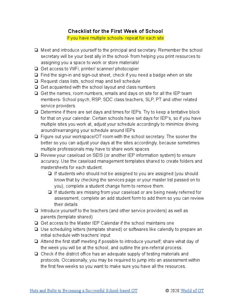 Checklist For The First Week of School: Nuts and Bolts To Becoming A ...