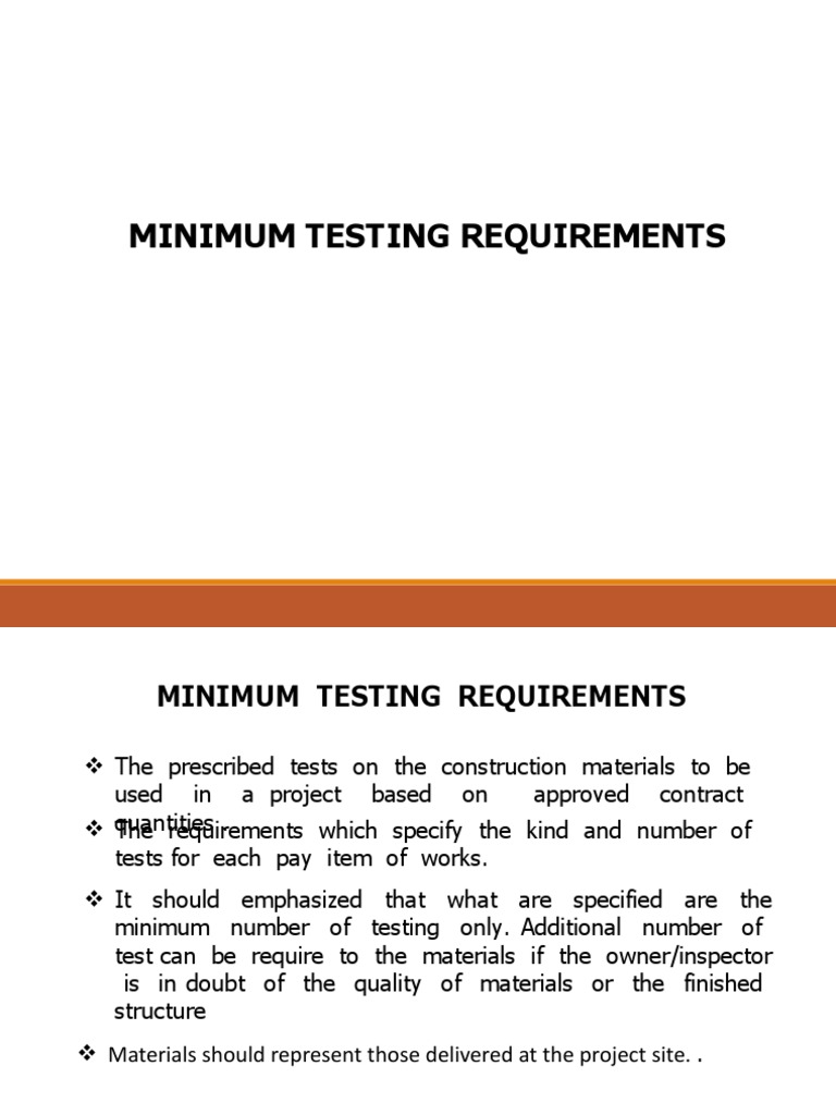 Minimum Testing Requirements | PDF | Concrete | Pipe (Fluid Conveyance)