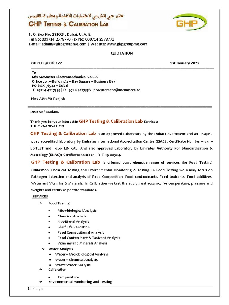 GHP Testing & Calibration Lab GHP Testing & Calibration Lab: Quotation ...
