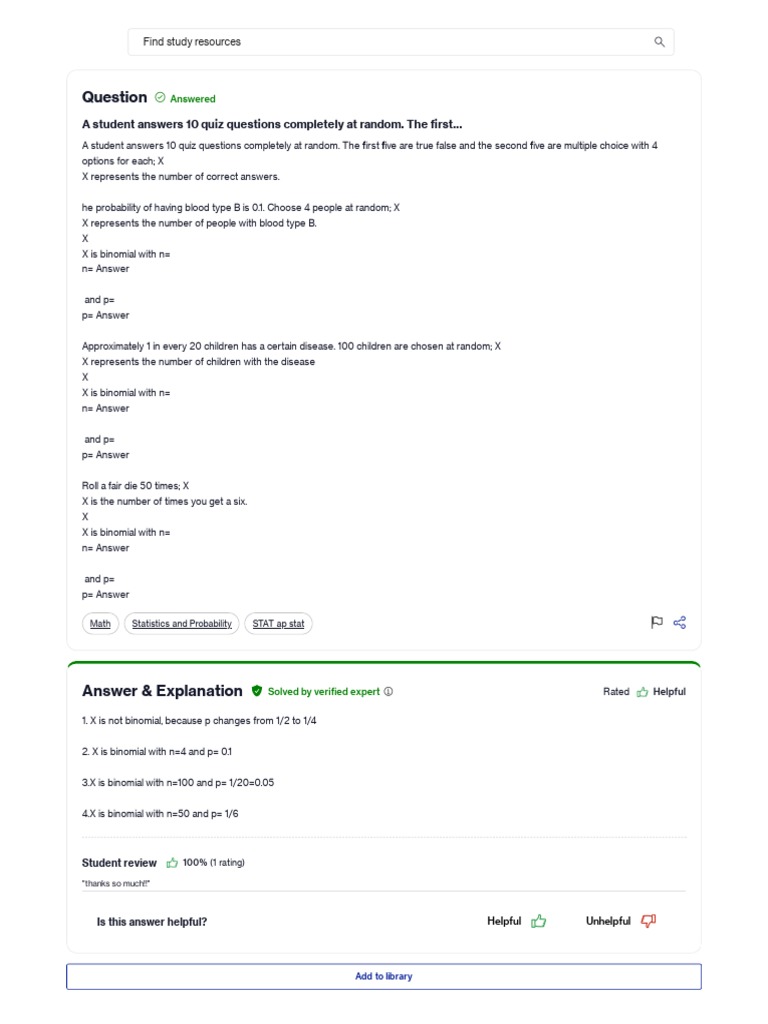 A Student Answers 10 Quiz Questions Completely at Random. The Rst ...