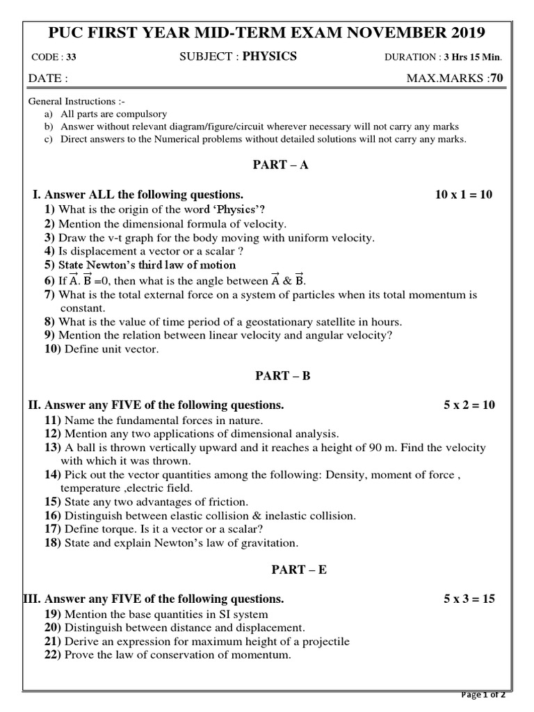Puc I Mid Term Physics Question Paper 2019 | PDF | Torque | Velocity