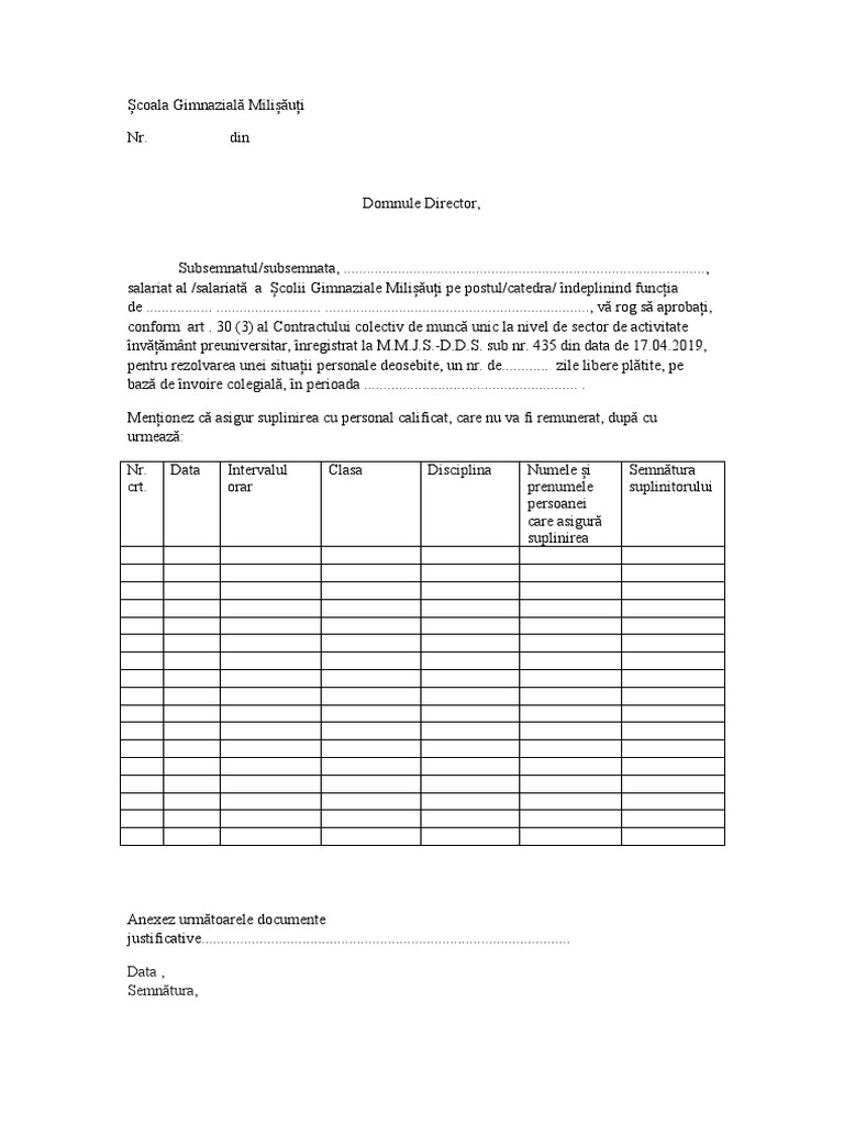 Model Cerere Învoire Colegială | PDF