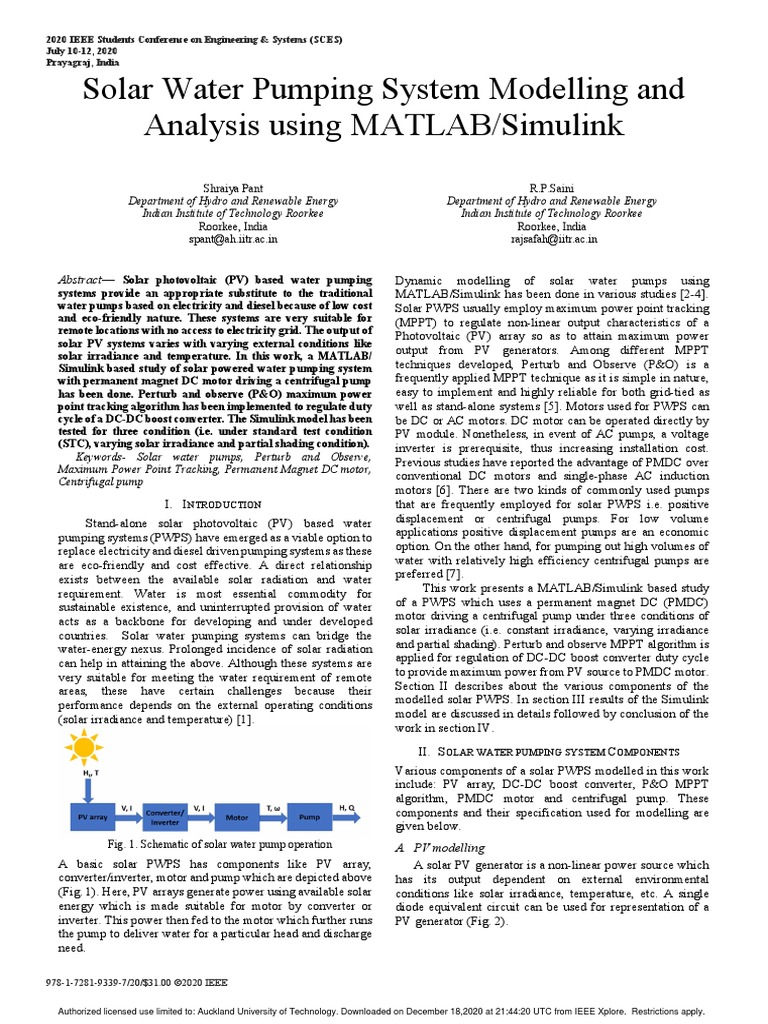 Solar Water Pumping System Modelling and Analysis Using MATLAB/Simulink ...