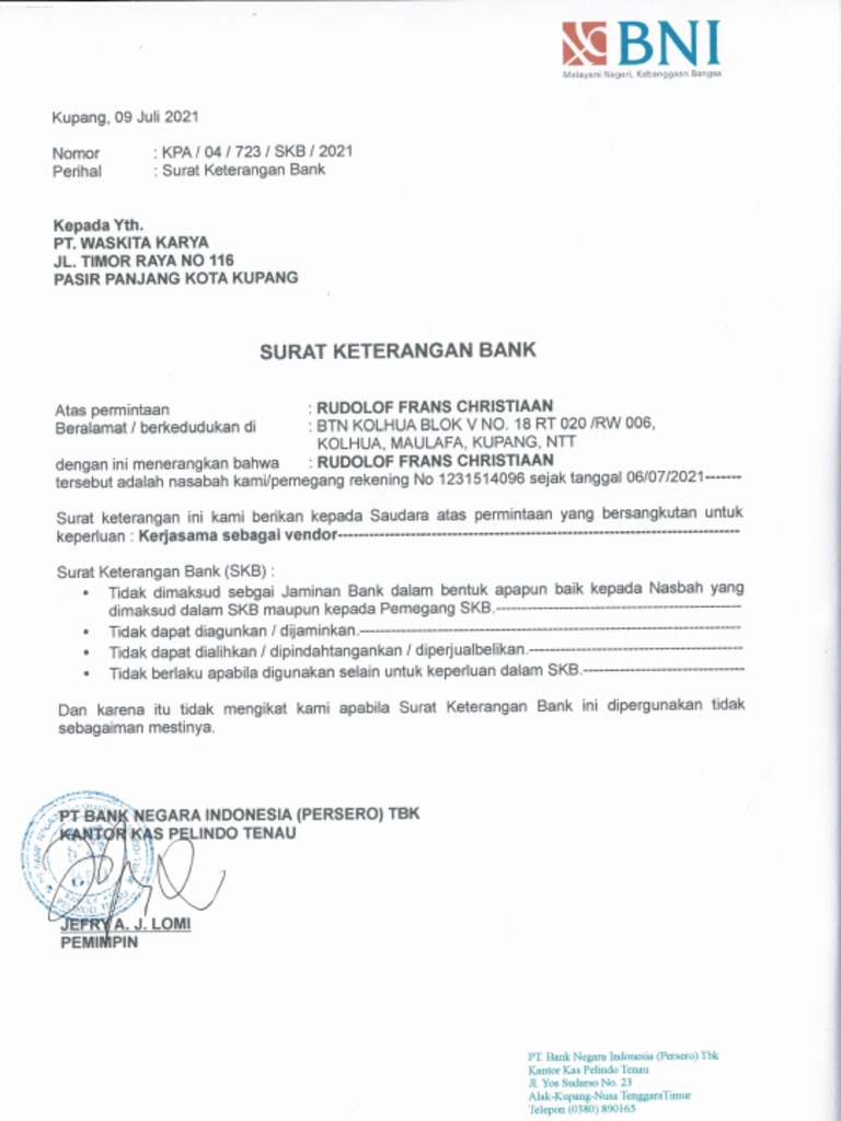 Surat Pernyataan Bank | PDF