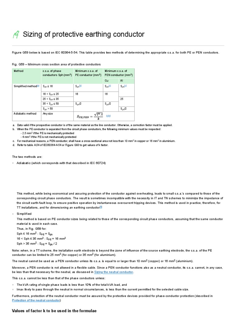 Sizing of Protective Earthing Conductor - Electrical Installation Guide ...
