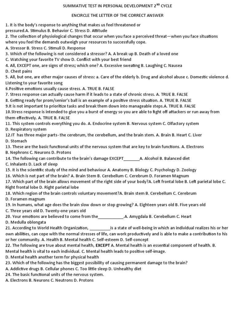 Summative Test in Personal Development 2nd Cycle | PDF | Stress ...
