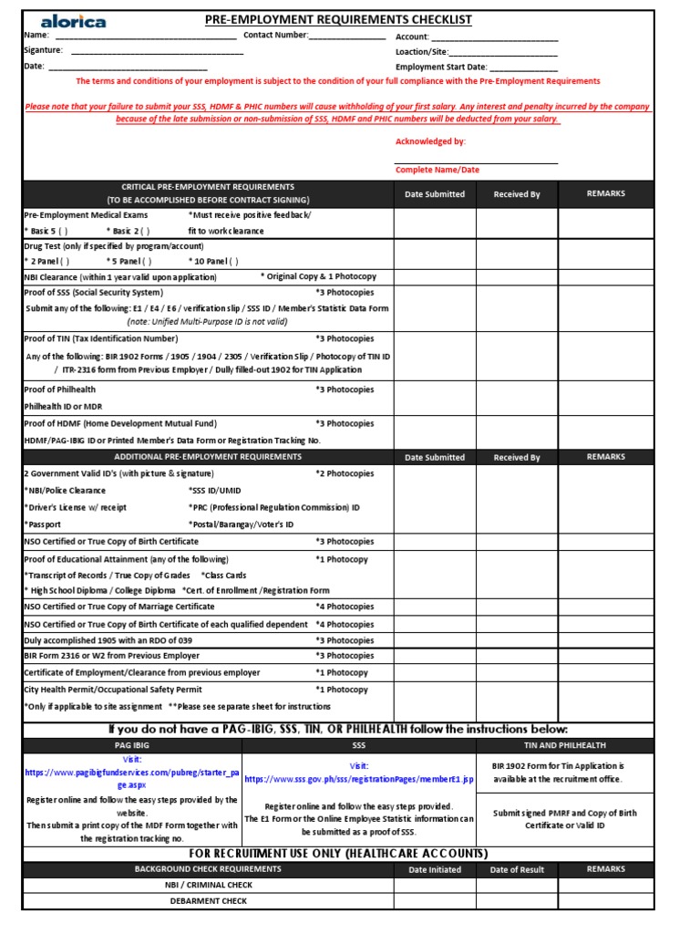 Alorica Pre-Employment Check List 11192020 | PDF | Birth Certificate ...