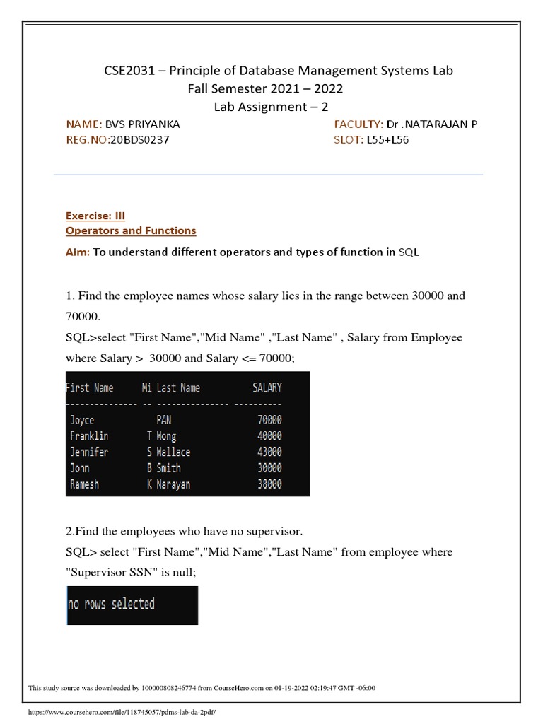 CSE2031 - Principle of Database Management Systems Lab Fall Semester 2021 - 2022 Lab Assignment ...