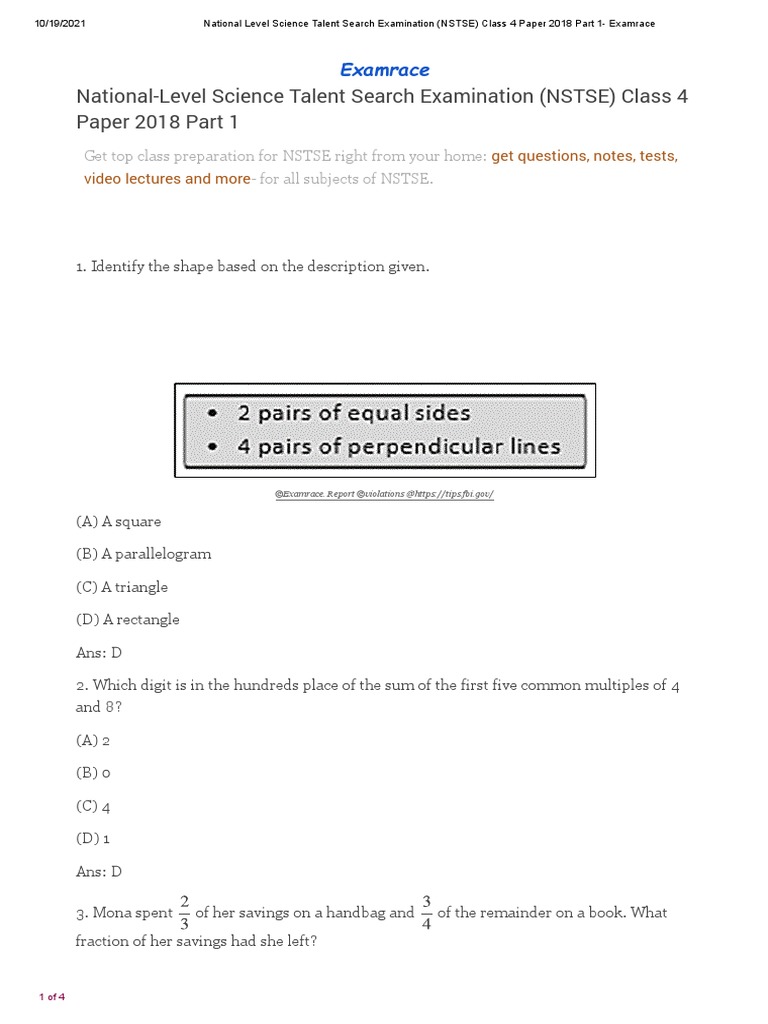 NSTSE Class 4 Paper 2018 Part 1 | PDF | Geometry | Elementary Mathematics