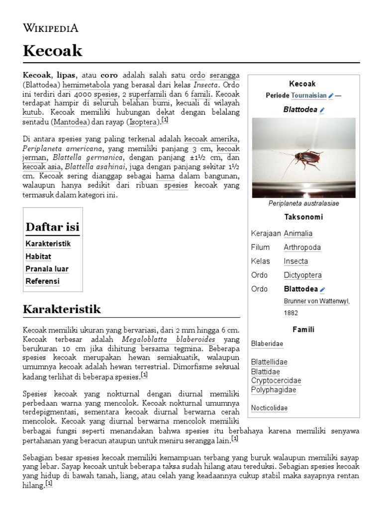 Kecoak - Wikipedia Bahasa Indonesia, Ensiklopedia Bebas | PDF