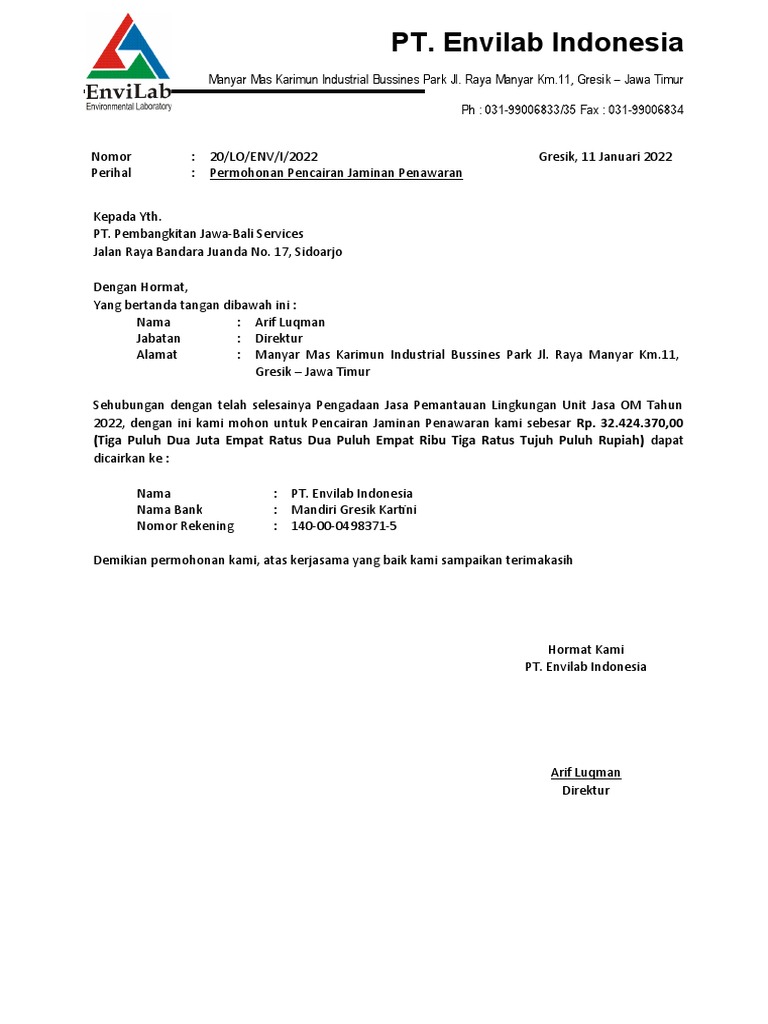 Surat Permohonan Pencairan Jaminan Penawaran | PDF