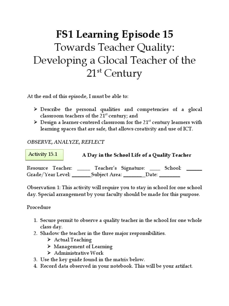 FS1 Le 15 | PDF | Teachers | Learning