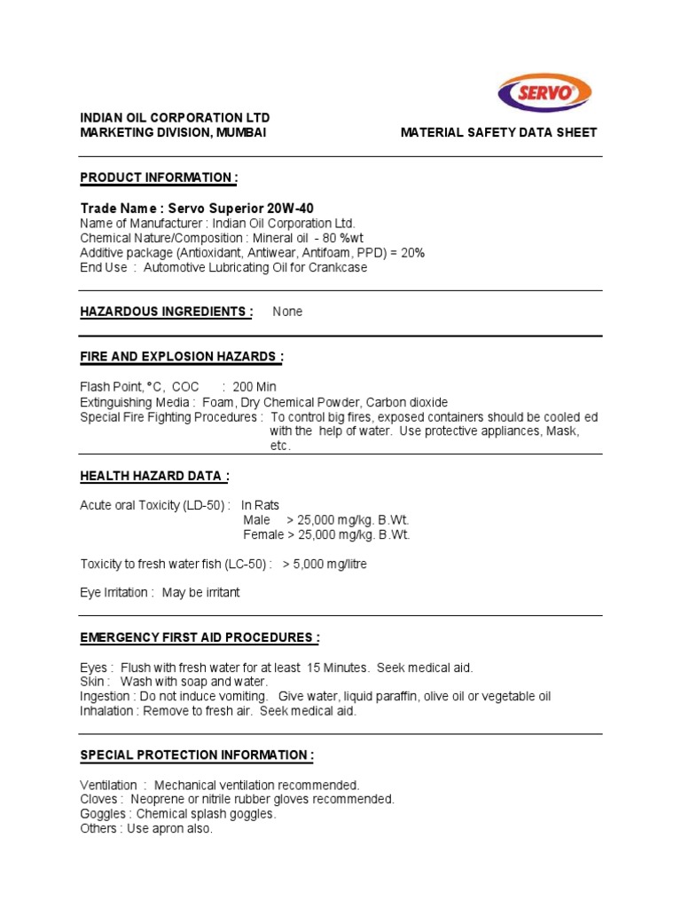 20W40 MSDS | PDF | Water | Magnesium