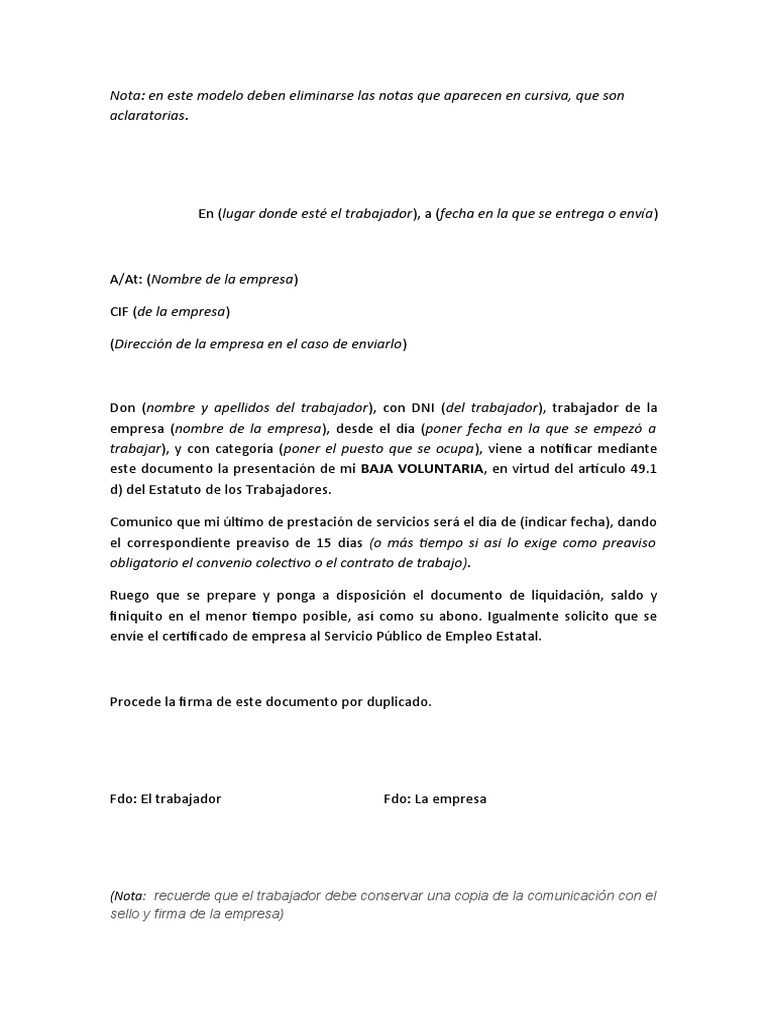 Modelo Baja Voluntaria Con Preaviso | PDF