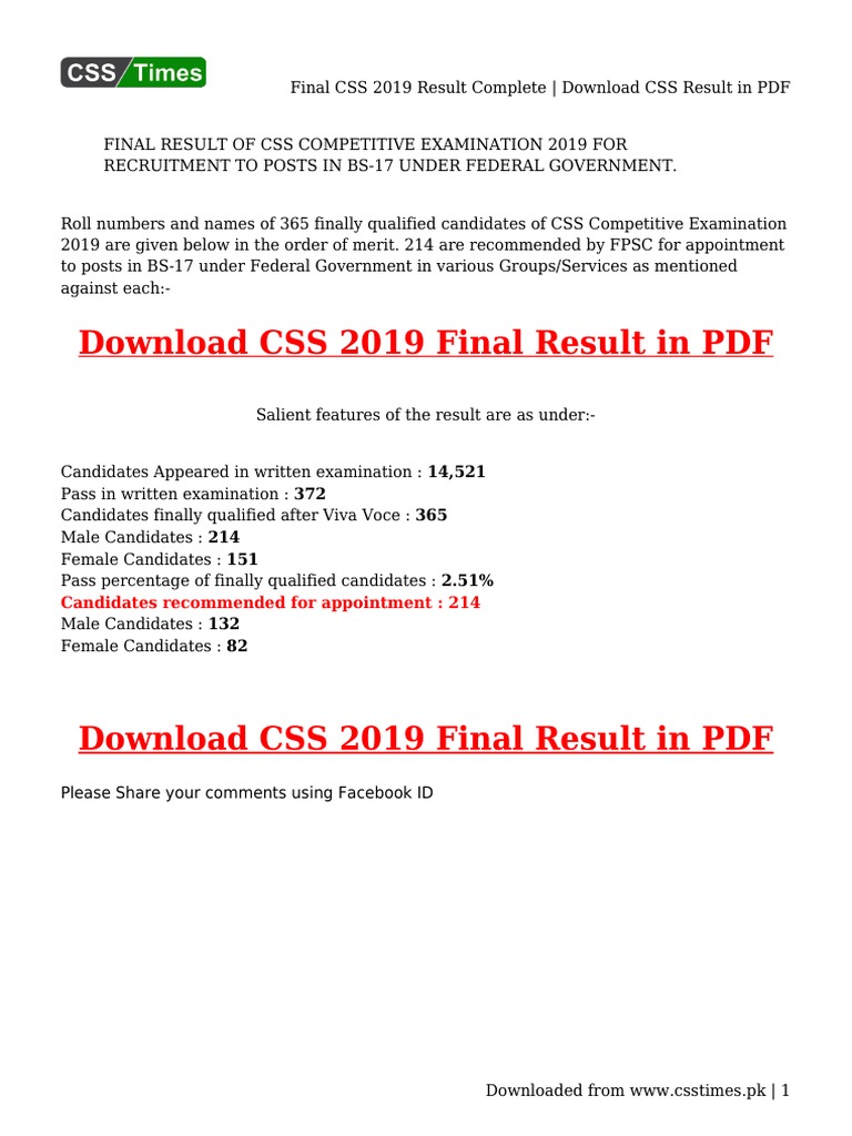 Final CSS 2019 Result Complete - Download CSS Result in PDF | PDF
