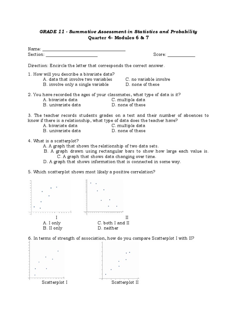 Grade 11 Statistics Assessment Guide | PDF | Regression Analysis ...