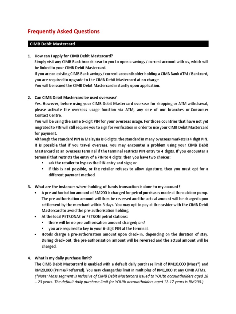 Frequently Asked Questions: CIMB Debit Mastercard | PDF | Debit Card ...