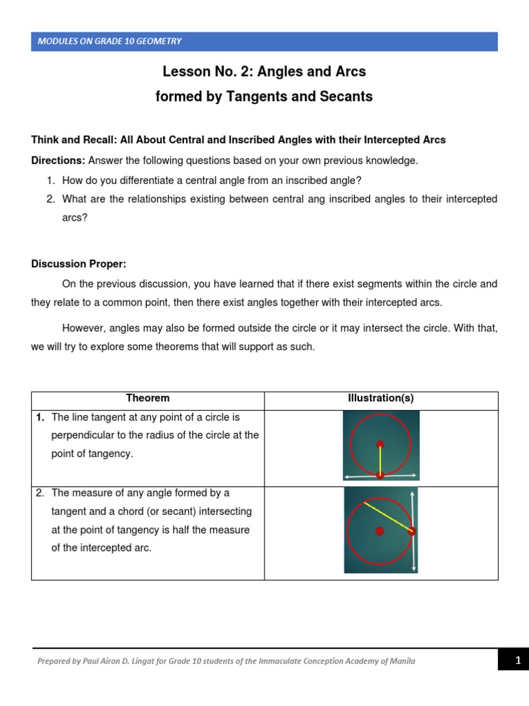 Lesson No. 2 - Angles and Arcs Formed by Tangents and Secants | PDF