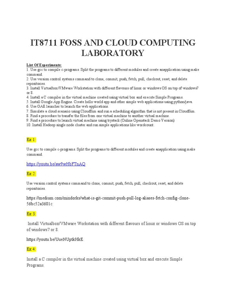 It8711 Foss and Cloud Computing Laboratory: List of Experiments | PDF