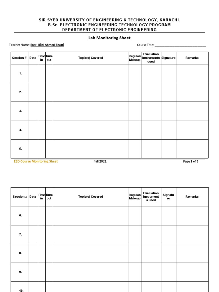 Lab Monitoring Sheet SSUET | PDF