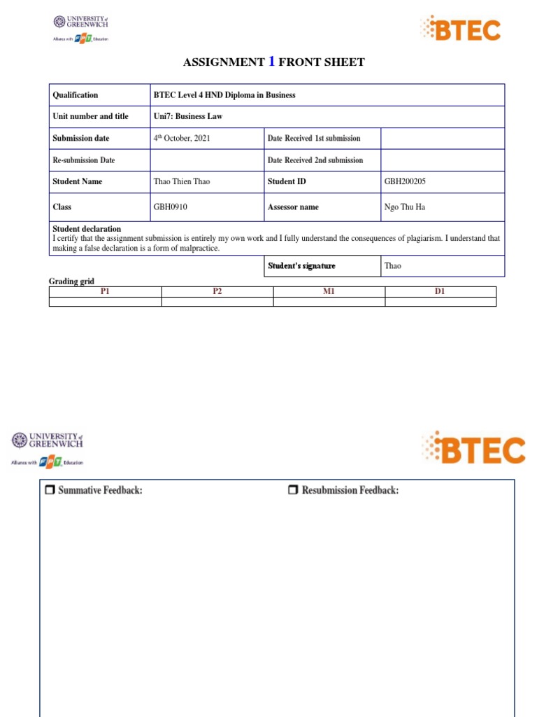 Assignment Front Sheet: Qualification BTEC Level 4 HND Diploma in Business | PDF | Bill (Law ...