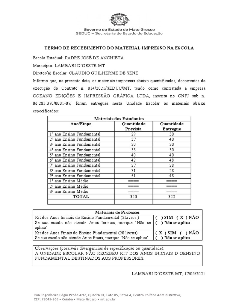 Termo de Recebimento Do Material | PDF