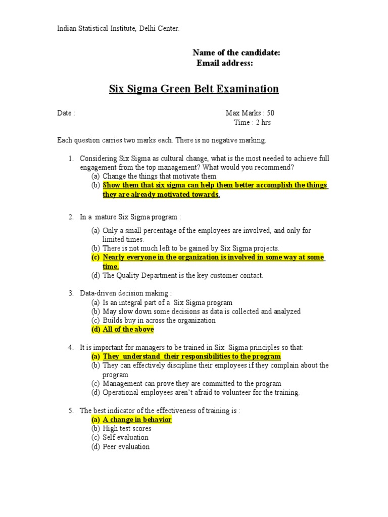 Six Sigma Green Belt Exam Questions | PDF | Six Sigma | Statistics