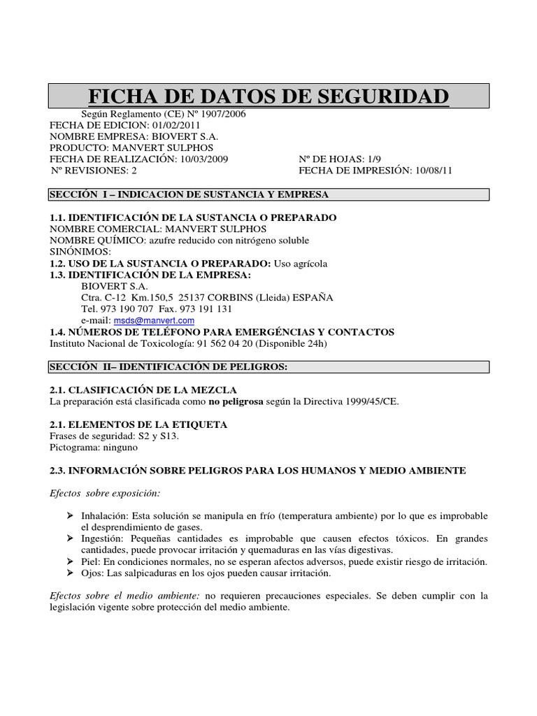 Ficha de Seguridad: Manvert Sulphos | PDF | Agua | Protección contra ...
