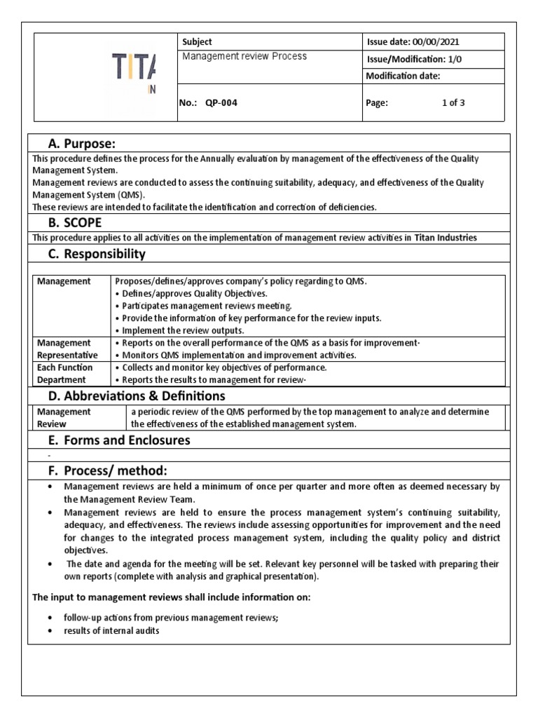 QP-004 Management Review Process | PDF | Quality Management System | Audit