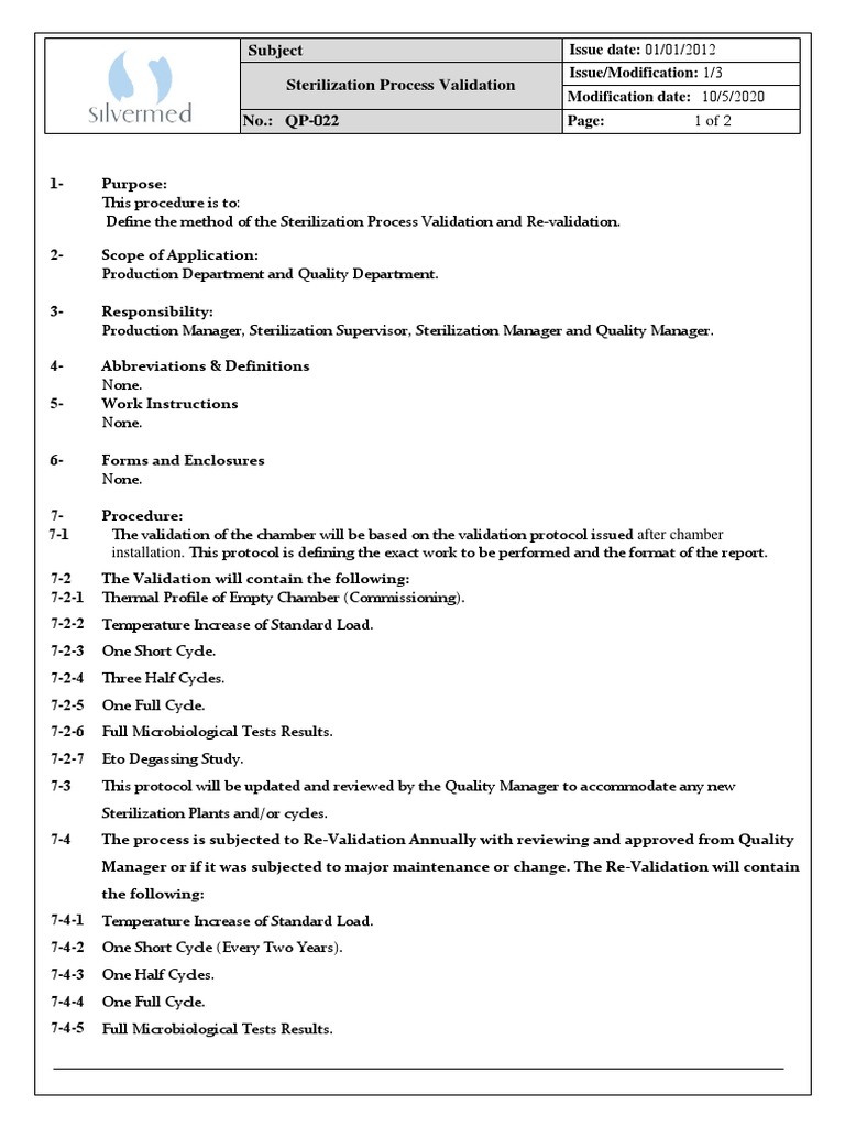 QP-022 Sterilization Process Validation | PDF | Verification And ...