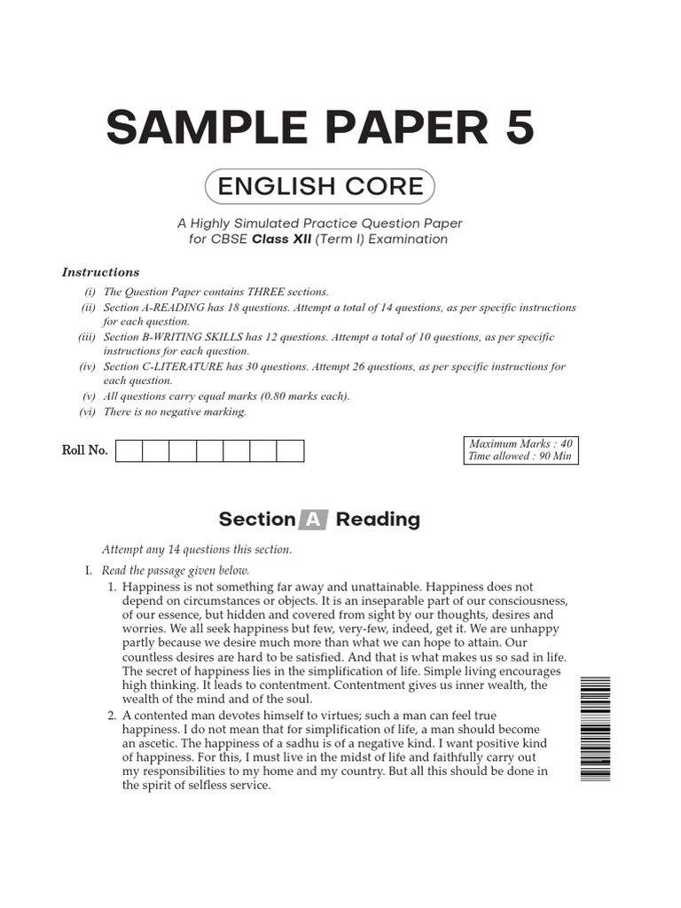 English Class 12 Term 1 - SAMPLE PAPER 5 | PDF | Violence | Relationships