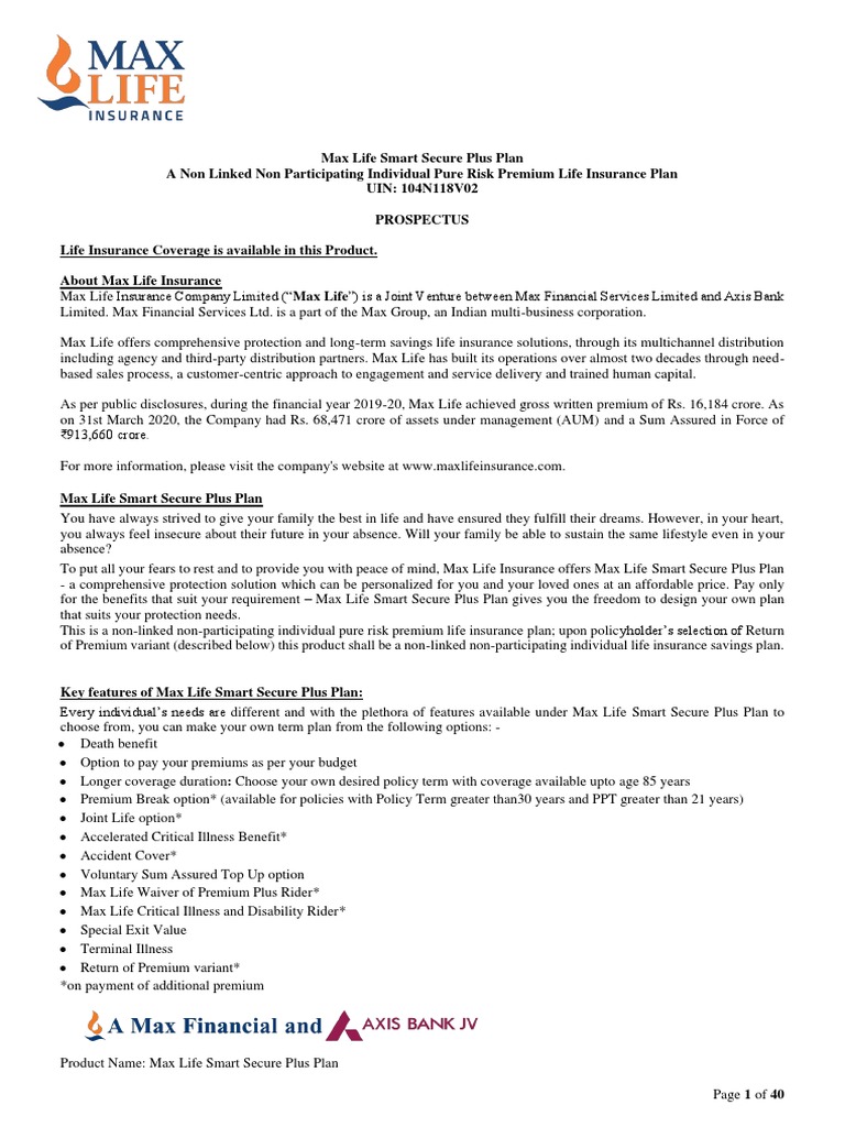 Max Life Smart Secure Plus Plan Prospectus | PDF | Insurance | Life ...