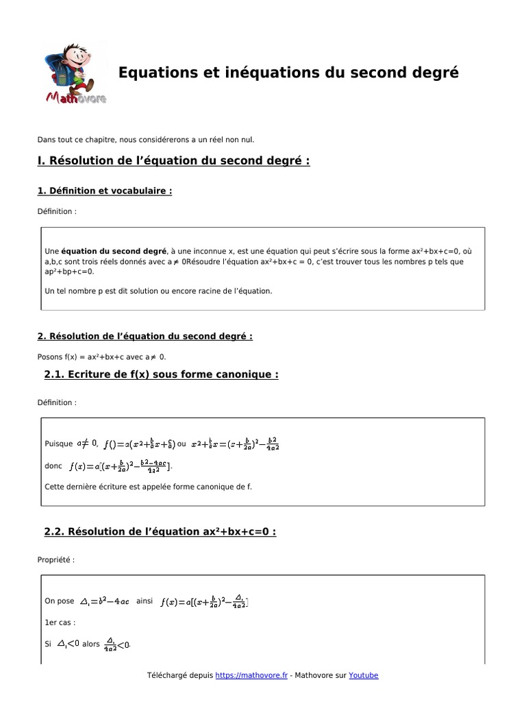 Equations Et Inequations Du Second Degre Cours de Maths en 1ere S | PDF | Équation du second ...