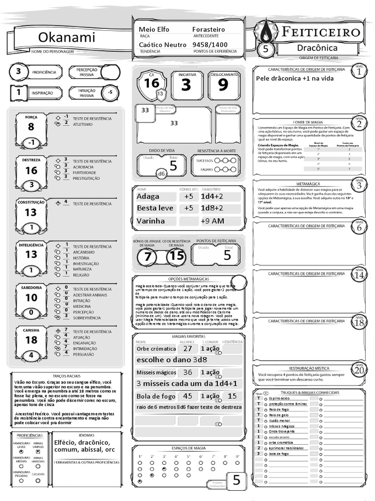 DND 5e - Ficha - Feiticeiro - Editável | PDF | Elfos