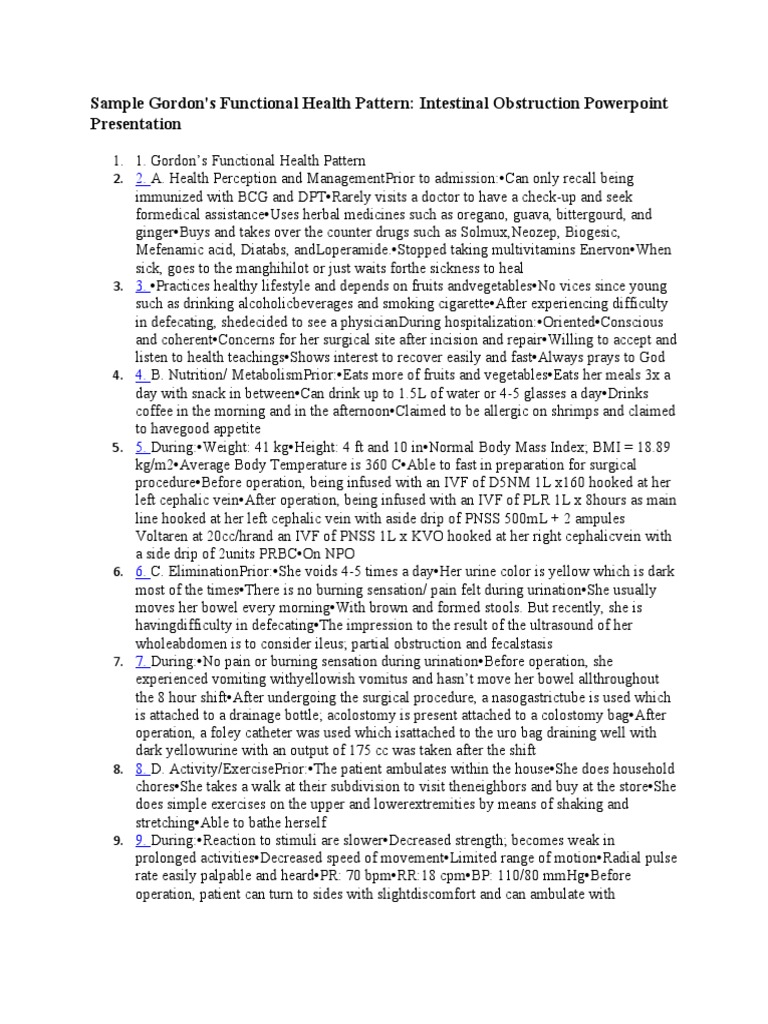 Sample Gordon's Functional Health Pattern: Intestinal Obstruction ...