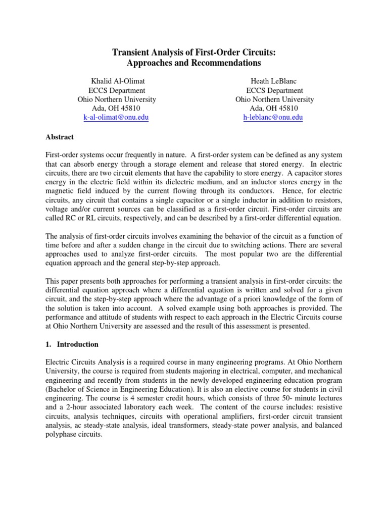 Transient Analysis of First-Order Circuits: Approaches and ...