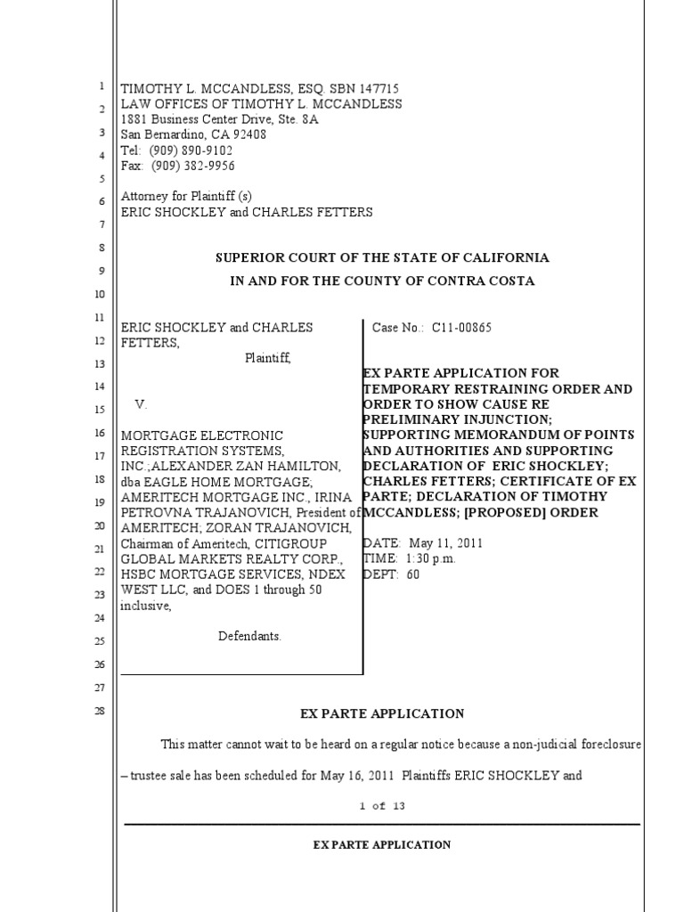 Ex Parte Application 05-11-11 | Foreclosure | Injunction